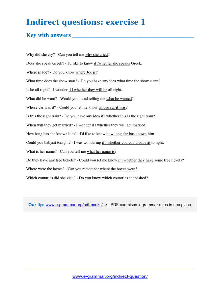 Indirect Questions Exercise 1 Key | PDF