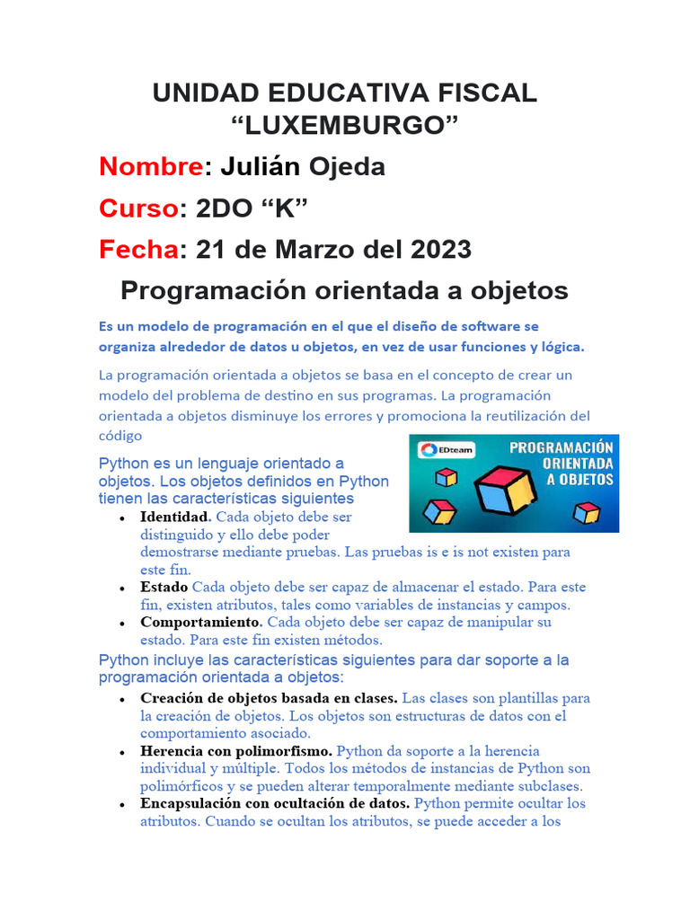 Programación Orientada A Objetos Pdf Objeto Informática Programación Orientada A Objetos