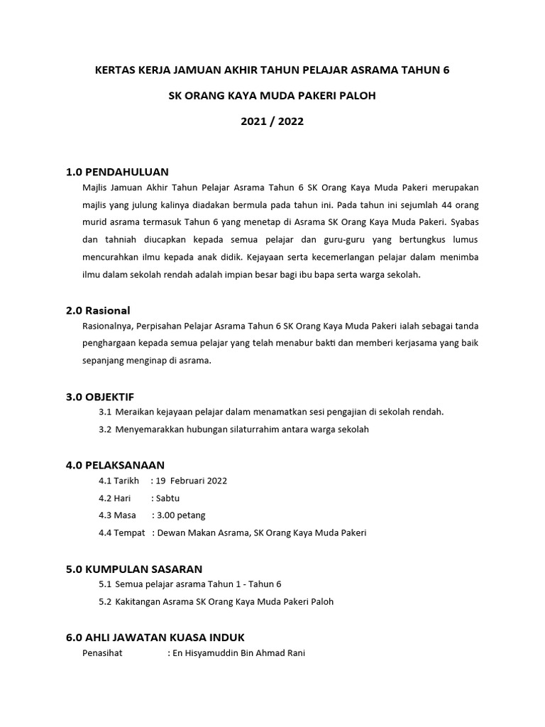 Kertas Kertas Majlis Perpisahan Tahun 6 Asrama Sesi 2021 2022 | PDF