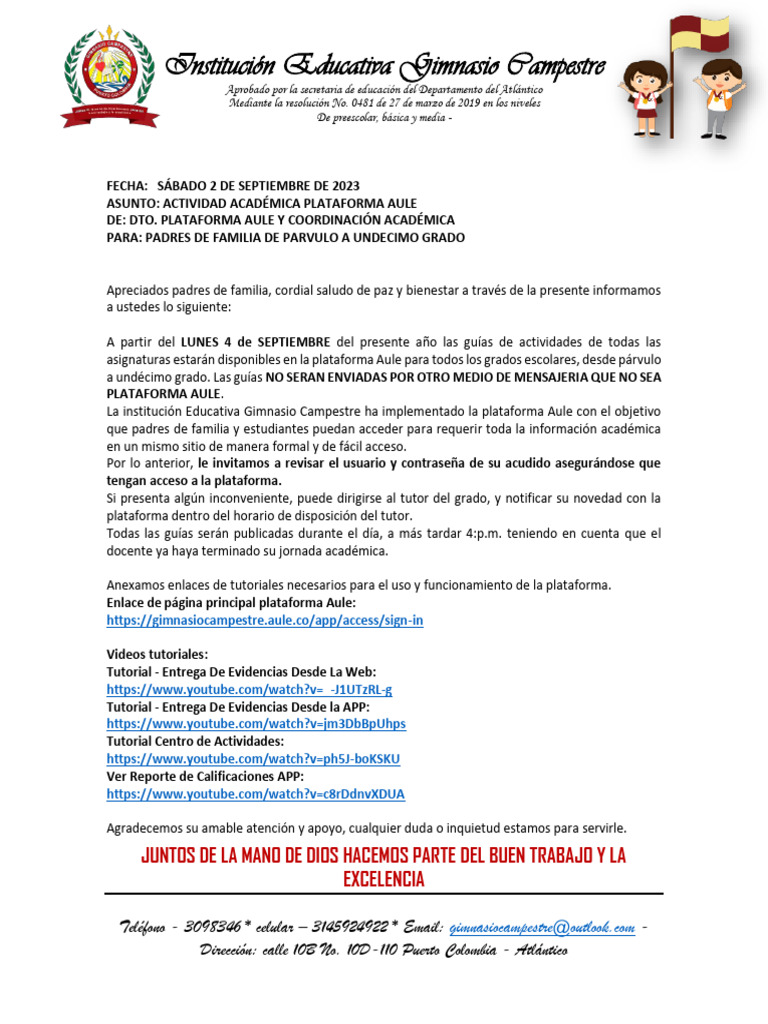 Circular Actividad Académica Plataforma Aule | PDF