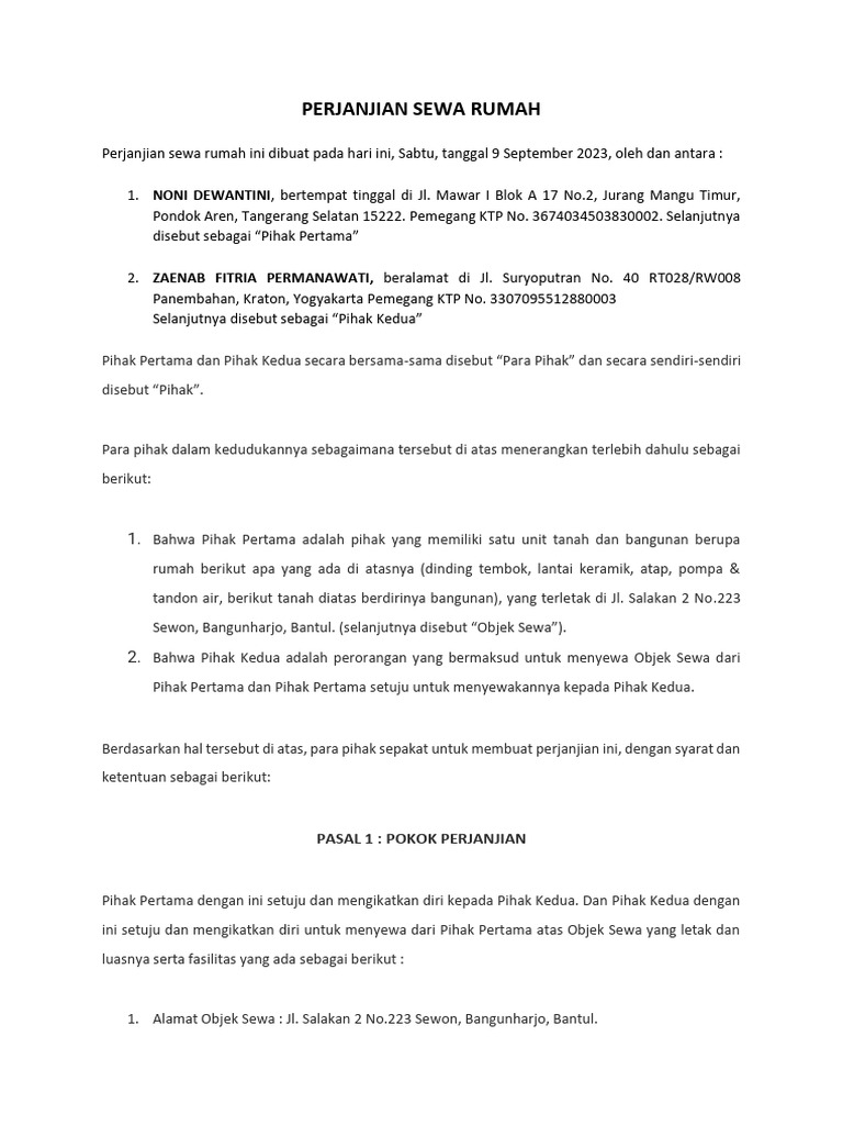 Perjanjian Sewa Rumah | PDF