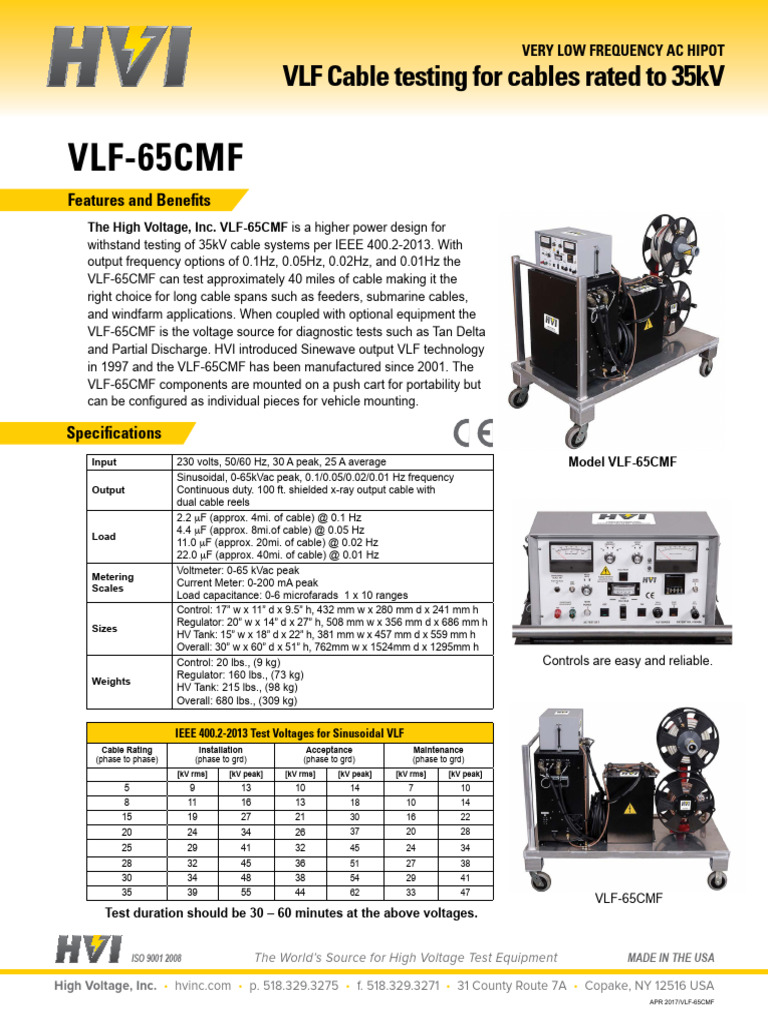 VLF 65CMF 65kV Very Low Frequency High Voltage Cable Test Set | PDF