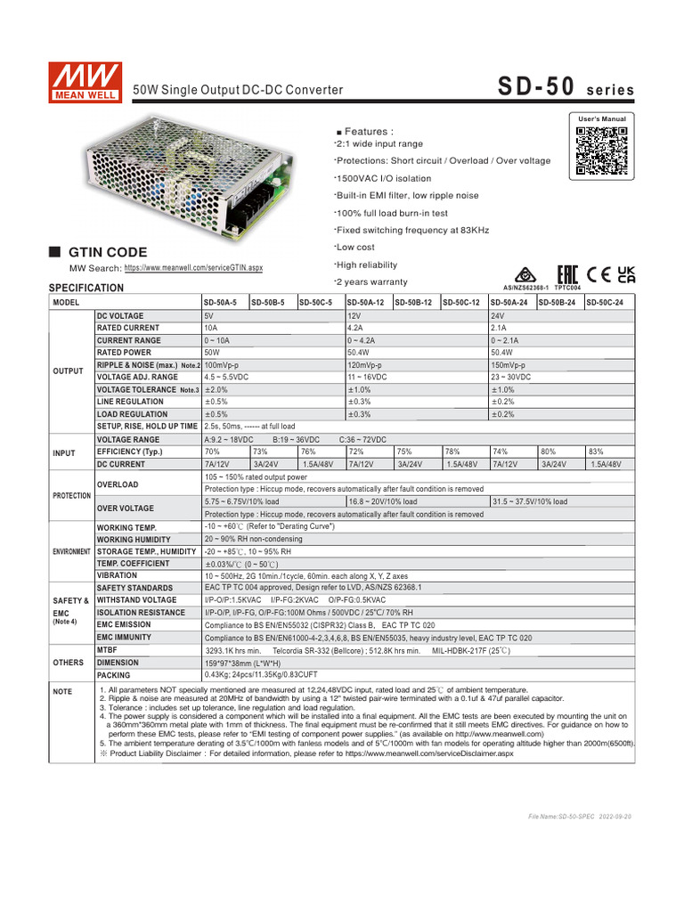 SD-50 Series 50W DC-DC Converter Specs | PDF | Computers | Technology ...