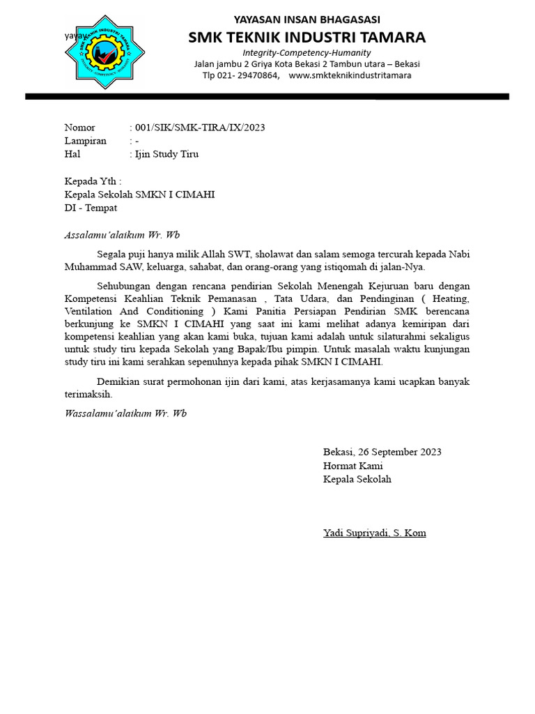 Surat Permohonan Study Tiru SMK | PDF