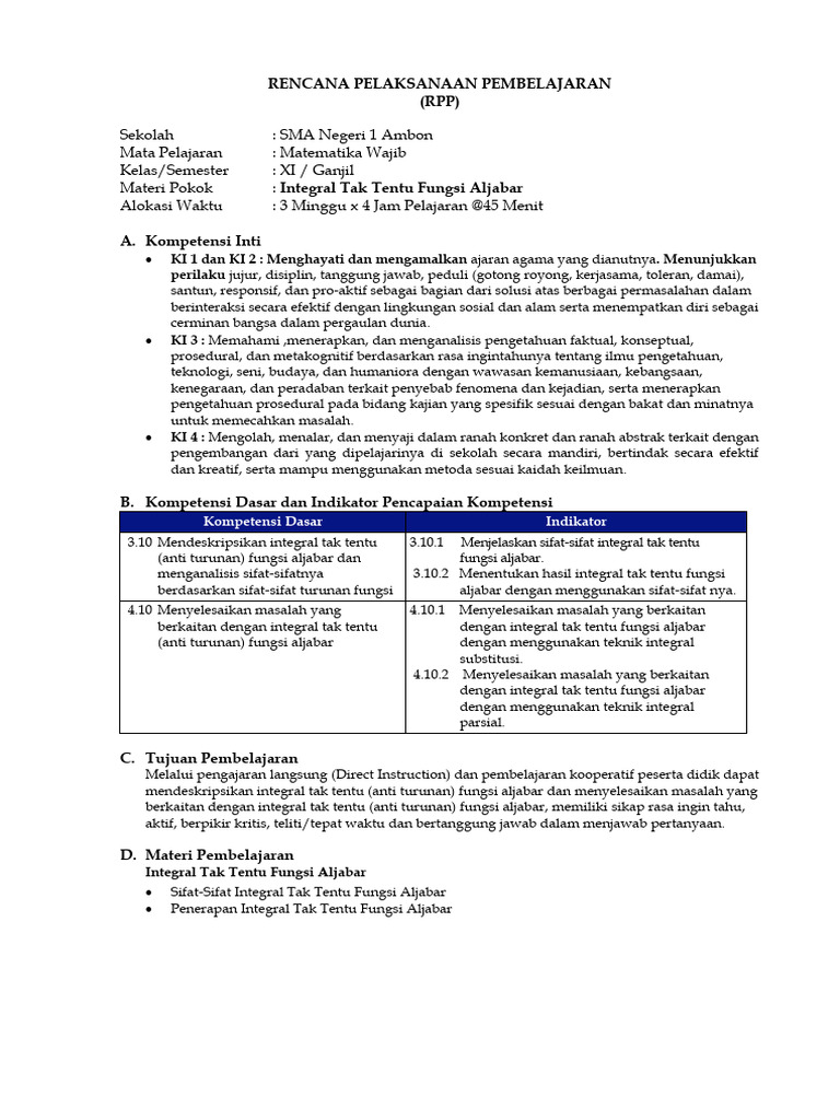 RPP 10 Integral Tak Tentu | PDF