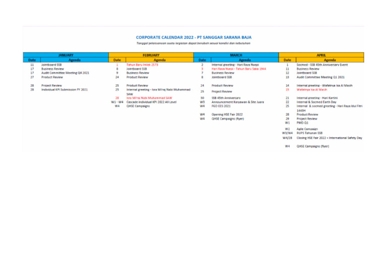 Contoh Kalender Perusahaan | PDF