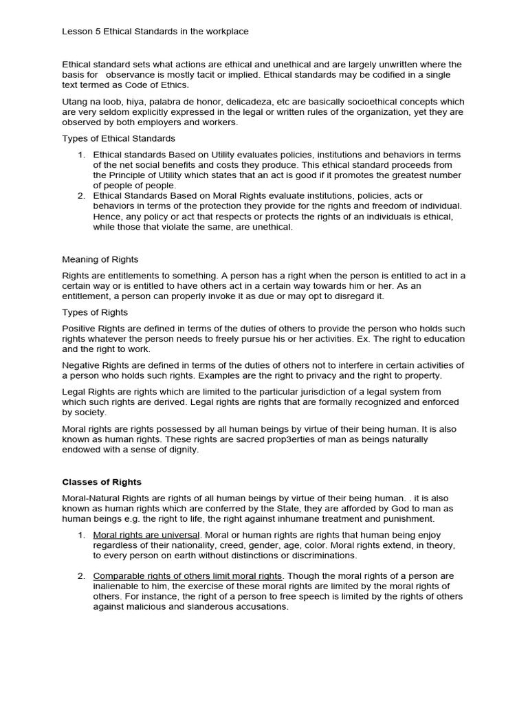 ethics Lesson 5 Ethical Standards in the workplace | PDF ...