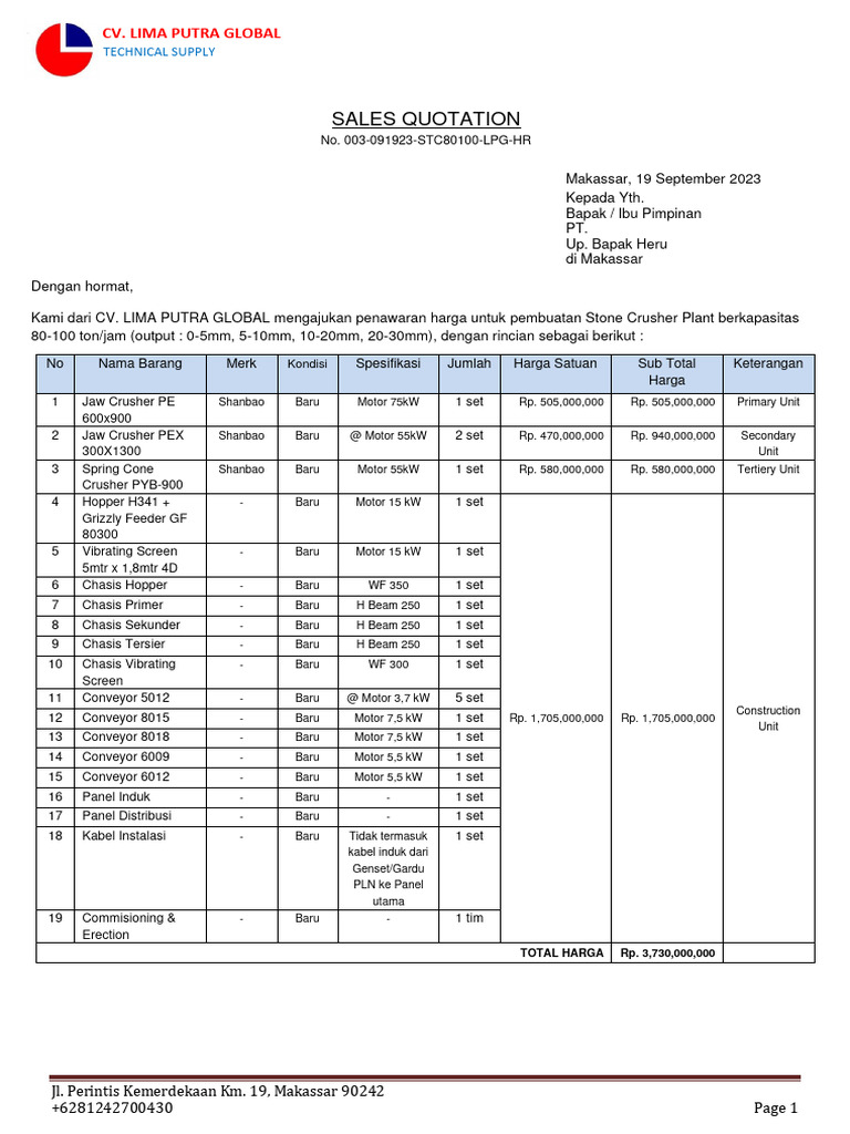 Rincian Pembayaran Alat CV. Lima Putra | PDF