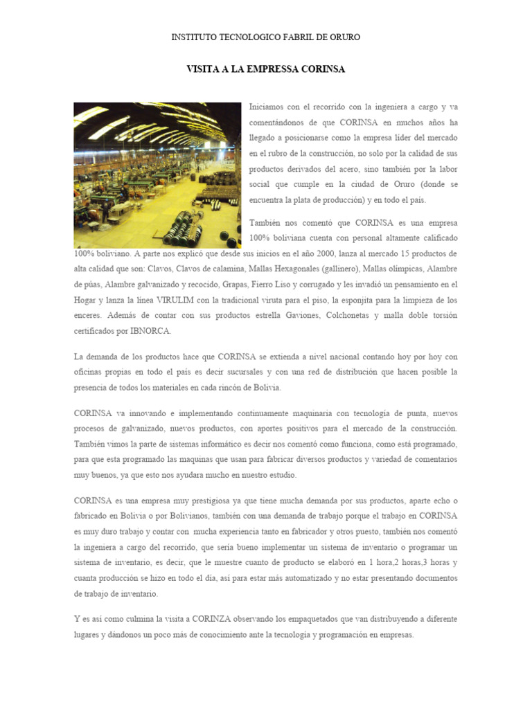 Visita a CORINSA: Innovación y Liderazgo | PDF | Bolivia