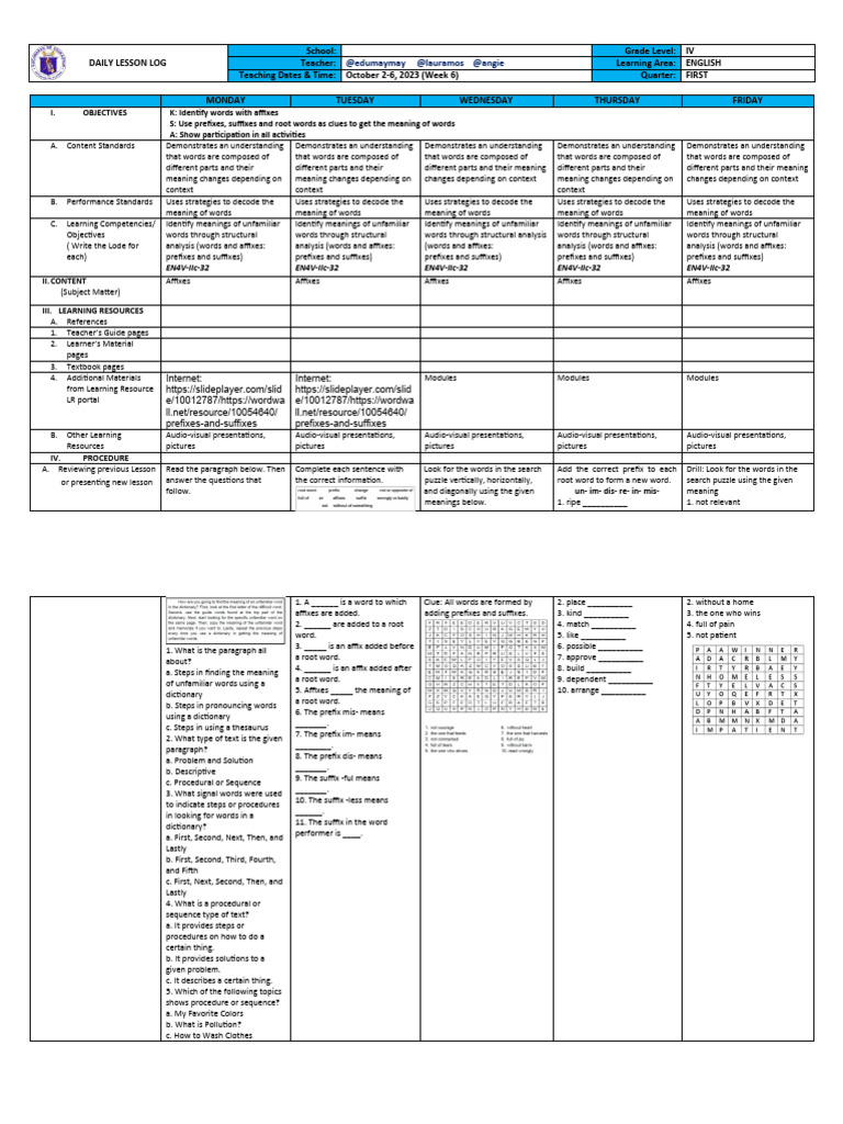 DLL - ENGLISH 4 - Q1 - W6 - Identify Meanings of Unfamiliar words ...