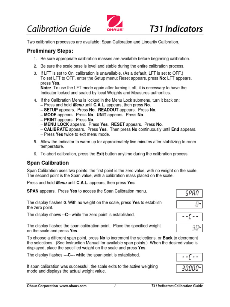 Ohaus T31 Calibration Procedures | PDF | Calibration | Weight