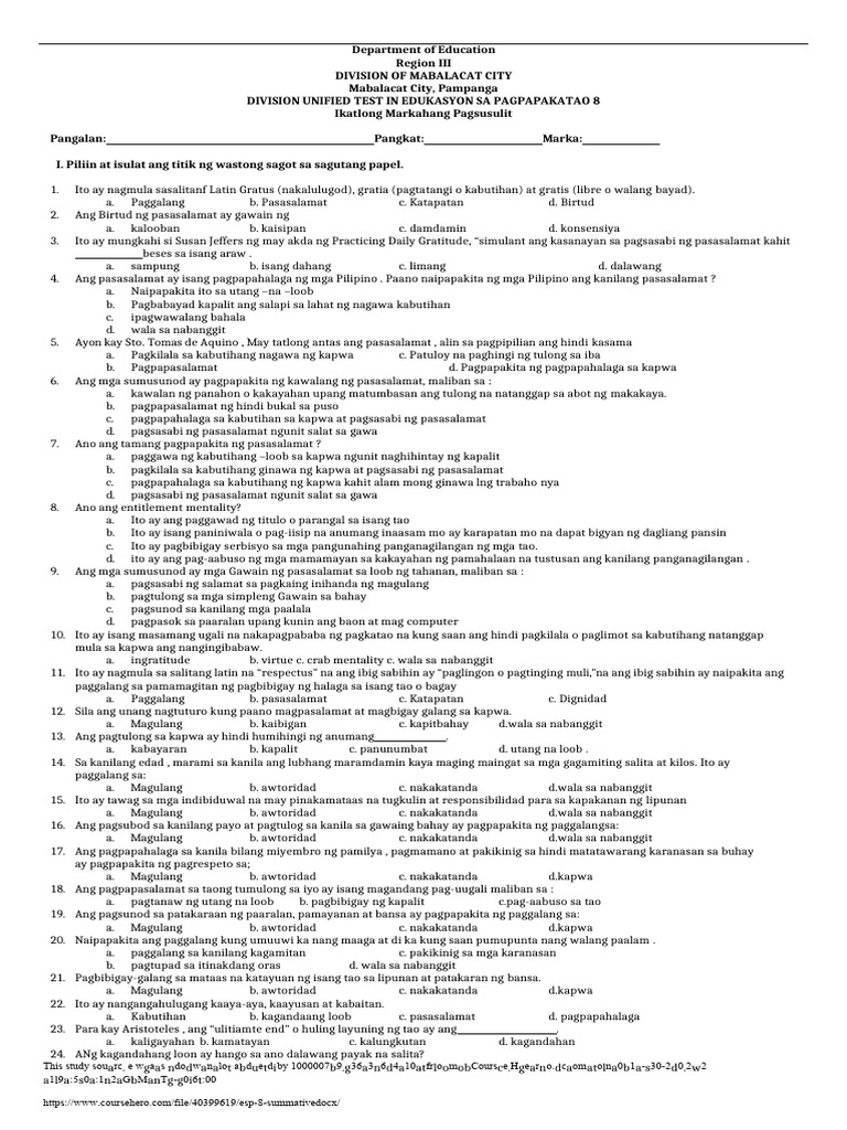 Esp 8 Summative | PDF