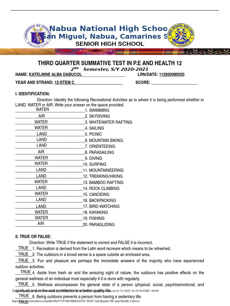 P.E. and Health 12 Summative Test | PDF