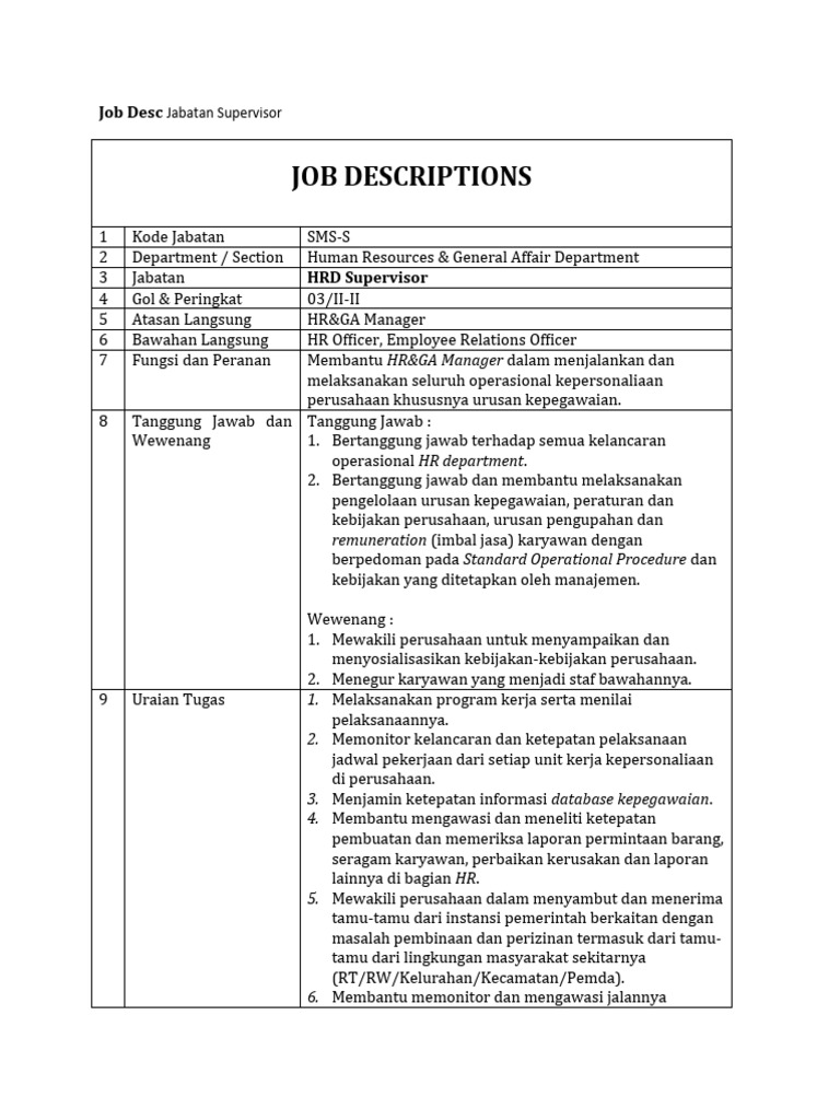 Contoh Job Desc Jabatan Supervisor | PDF