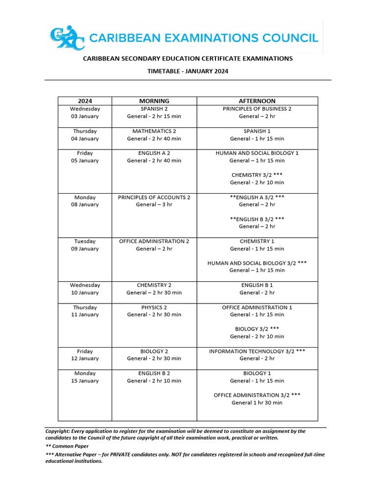 CSEC January 2024 Exam Timetable | PDF