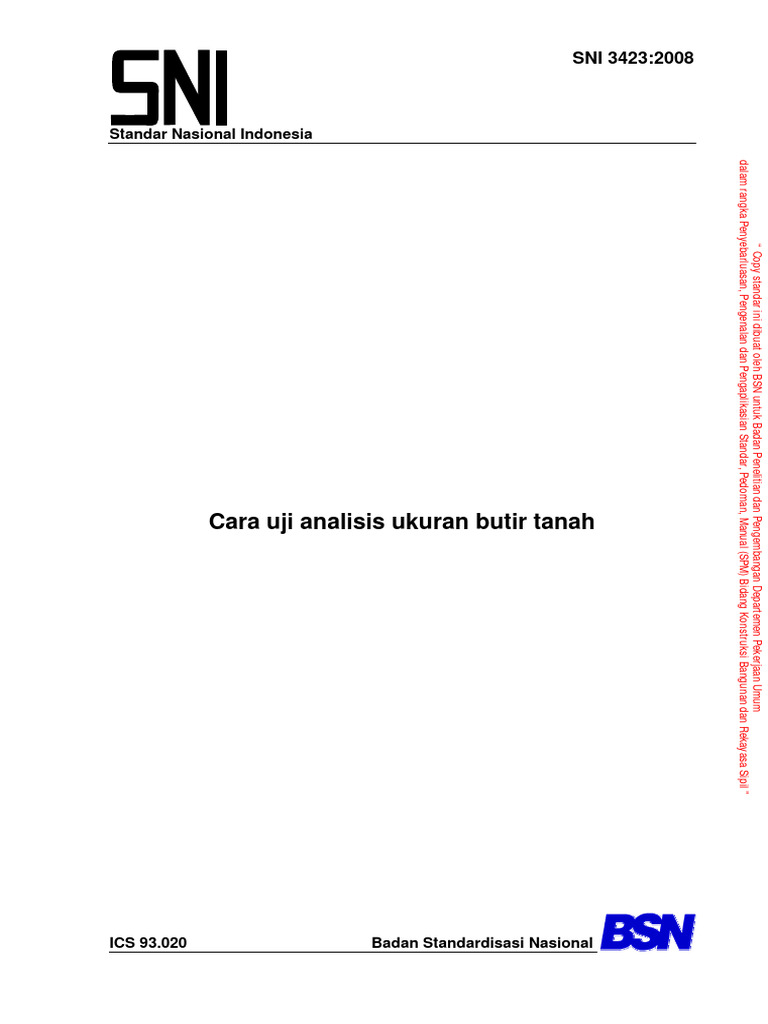 SNI 3423-2008 Cara Uji Analisis Ukuran Butir Tanah (Hidrometer) | PDF
