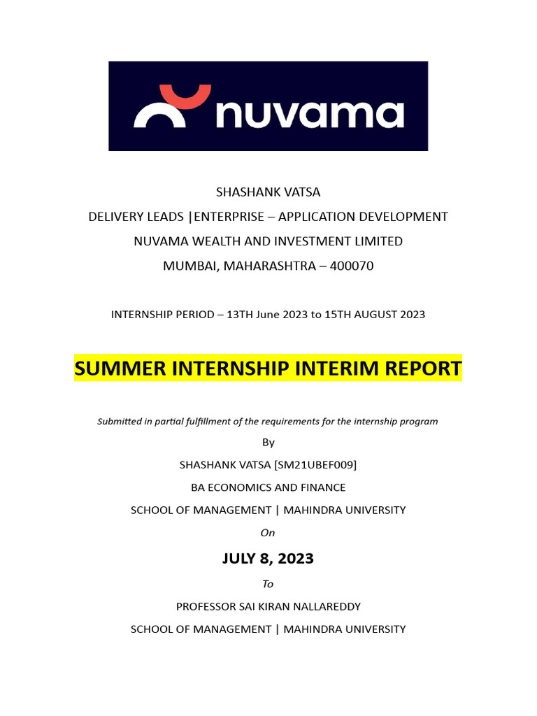 Summer Internship Interim Report | PDF | Risk Management | Risk