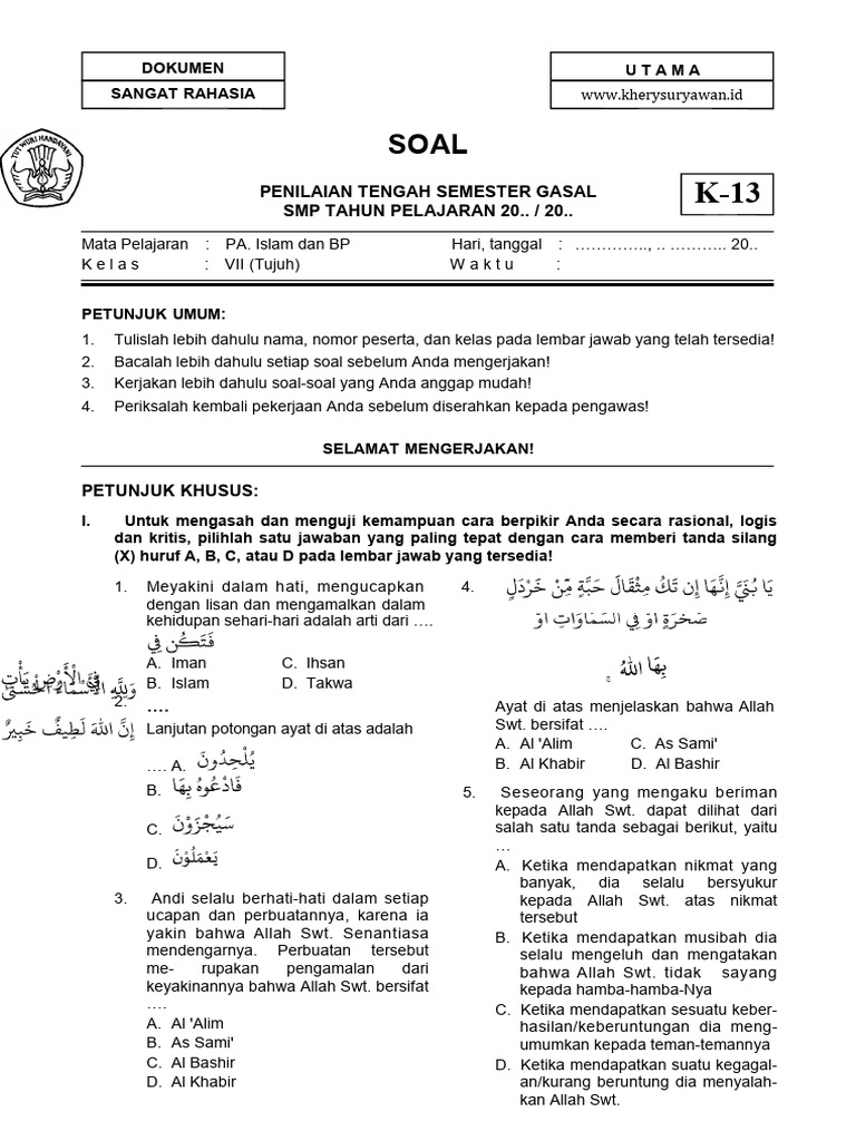 3 - Soal PTS PAI & BP Kelas VII Ganjil K13-www - Kherysuryawan.id | PDF