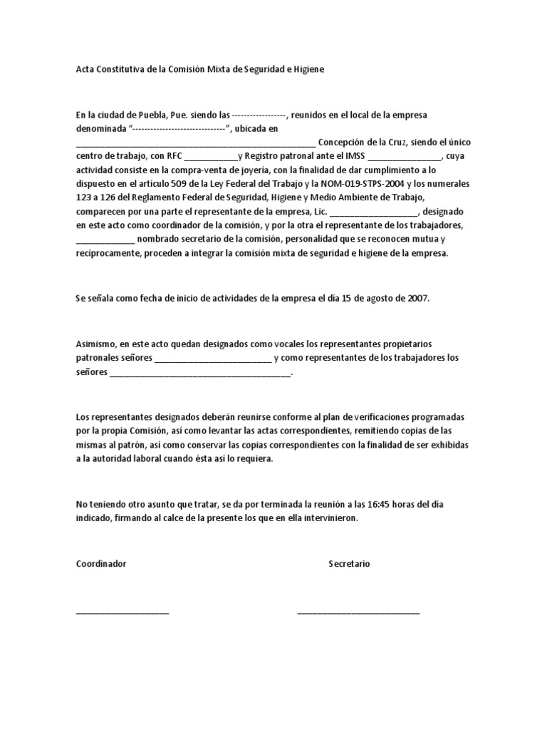 Acta Constitutiva de La Comisión Mixta de Seguridad e Higiene | PDF