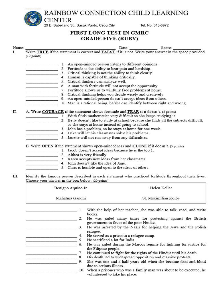 GMRC Grade 5 First Long Test | PDF | Critical Thinking | Courage