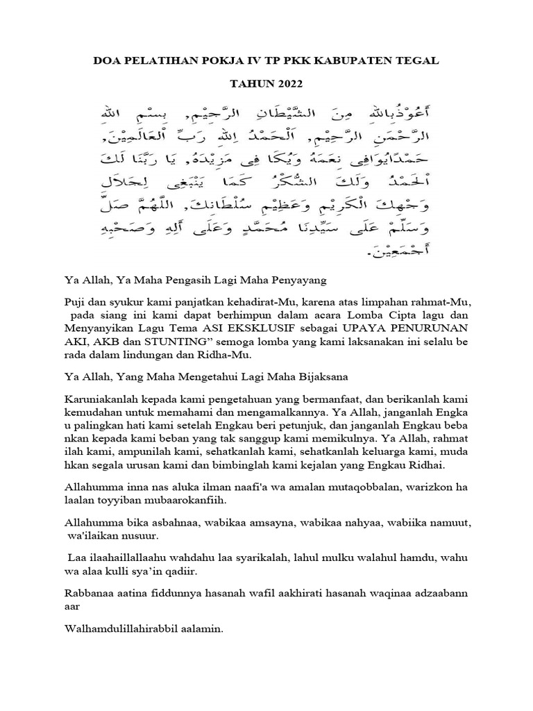 Doa Lomba TP PKK Kabupaten Tegal Tahun 2022 | PDF | Pengembangan Diri
