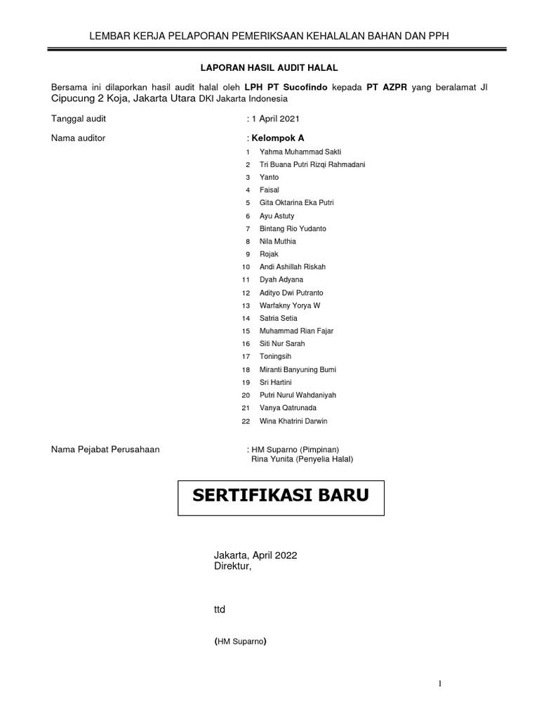 Kelp. A - LK 4 Auditor Halal - Pelaporan Pemeriksaan Kehalalan Bahan ... Kelp. A - LK 4 Auditor Halal - Pelaporan Pemeriksaan Kehalalan Bahan ...