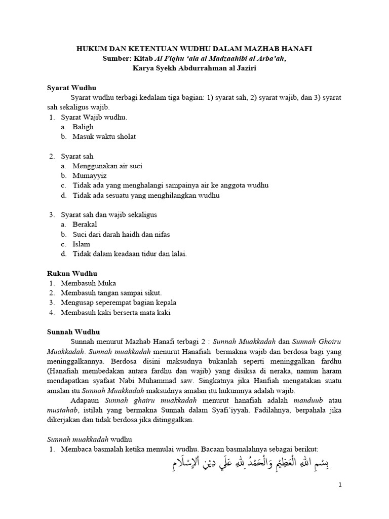 HUKUM DAN KETENTUAN WUDHU DALAM MAZHAB HANAFI | PDF