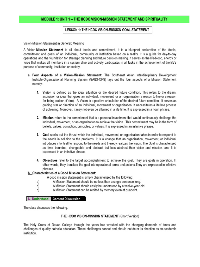 HCDC Vision-Mission Statement Overview | PDF | Bible | Jesus