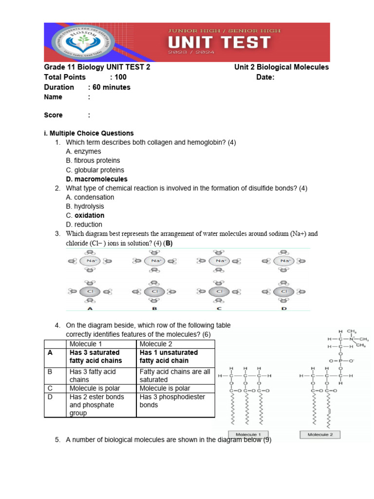 Biology Unit Tes 2 Pdf Glucose Acid