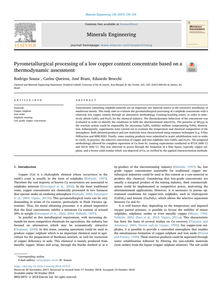 Pyrometallurgical Processing of A Low Copper Content Concentrate Based ...