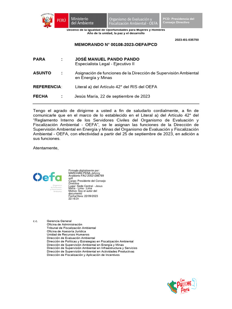Memorando #00108-2023-Oefa-Pcdasignación de Funciones Jose Manuel Pando | PDF