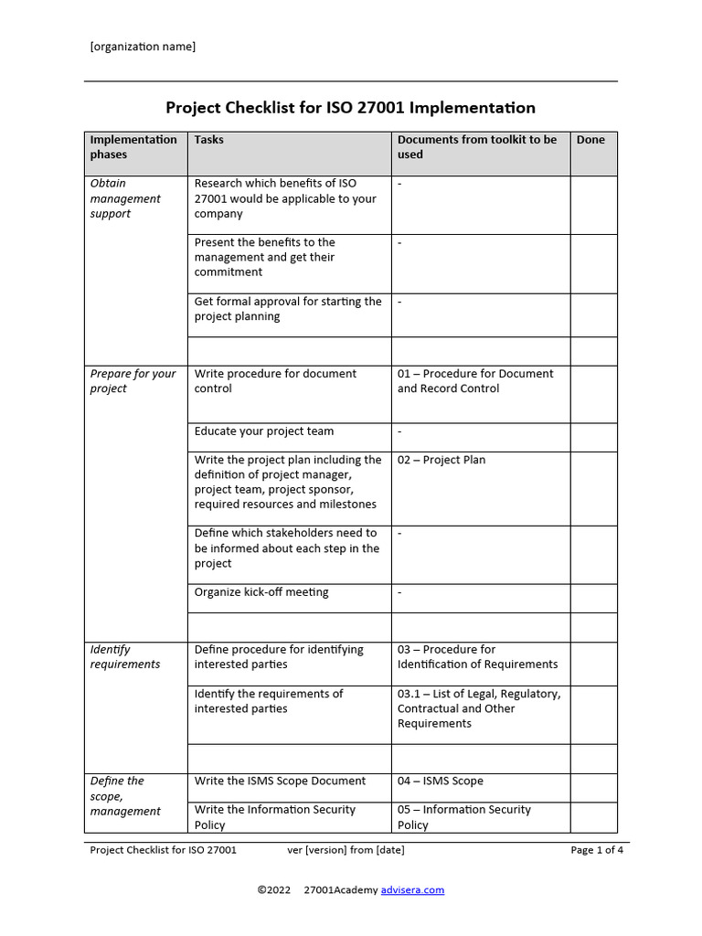 ISO 27001 Implementation Checklist | PDF | Audit | Information Security