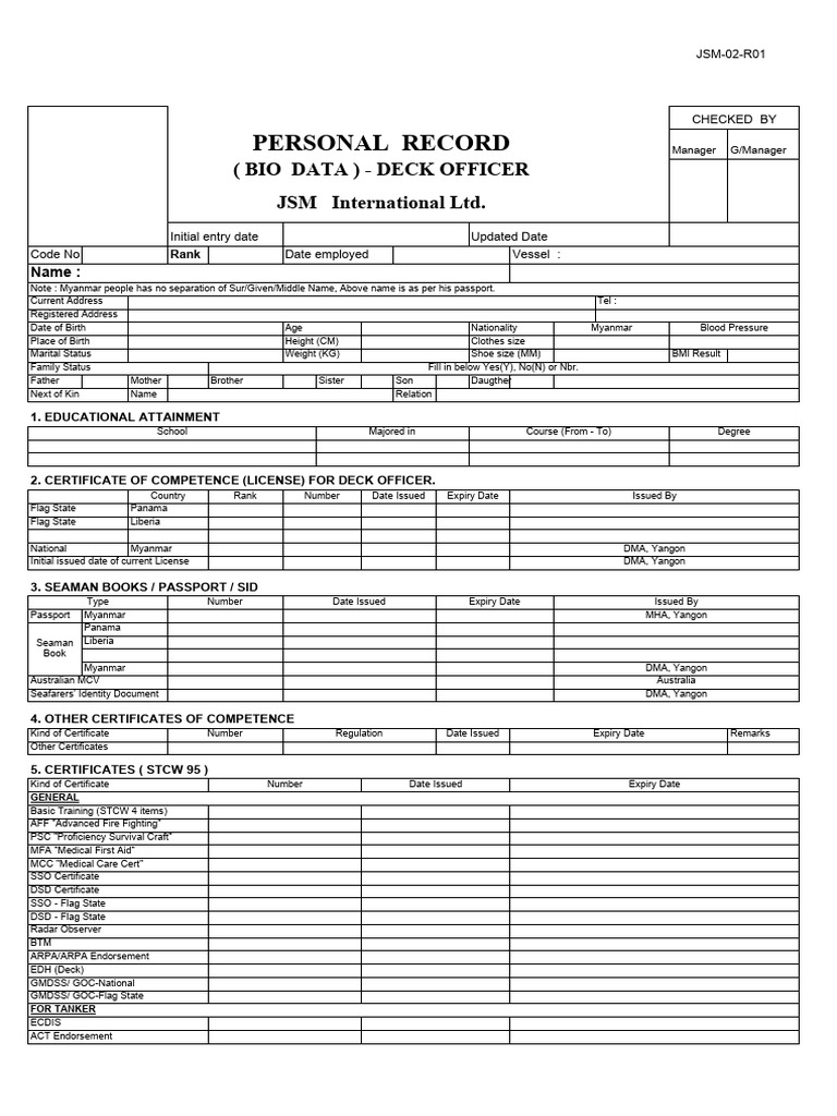PR Form For Deck Officer (NEW) | PDF | Transport | Shipping