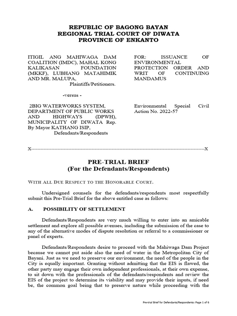 Pre-Trial Brief for Mahiwaga Dam Case | PDF | Home & Garden | Science ...