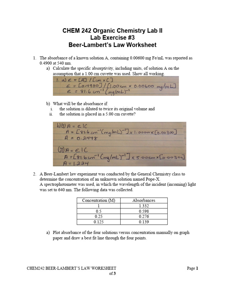 CHEM 242 Online Lab #3 Beer-Lambert Law Worksheet | PDF
