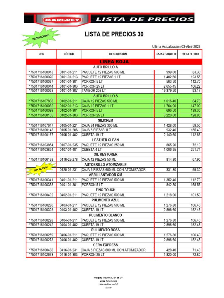 Lista de Precios 30 Automotriz - ABR-2023 | PDF
