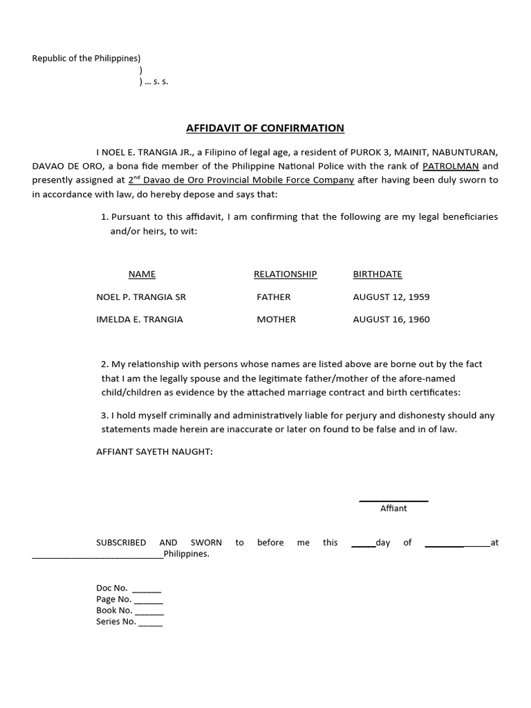 Affidavit of Confirmation For CDLB Format | PDF | Affidavit | Public Law