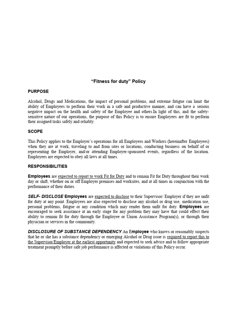 Fit For Duty Work Policy Short Form | PDF | Employment | Disability
