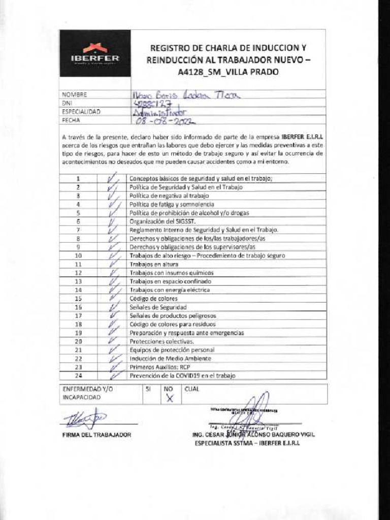 Ficha Inducción Sstma - Ladera Tizca, Ivano Boris | PDF