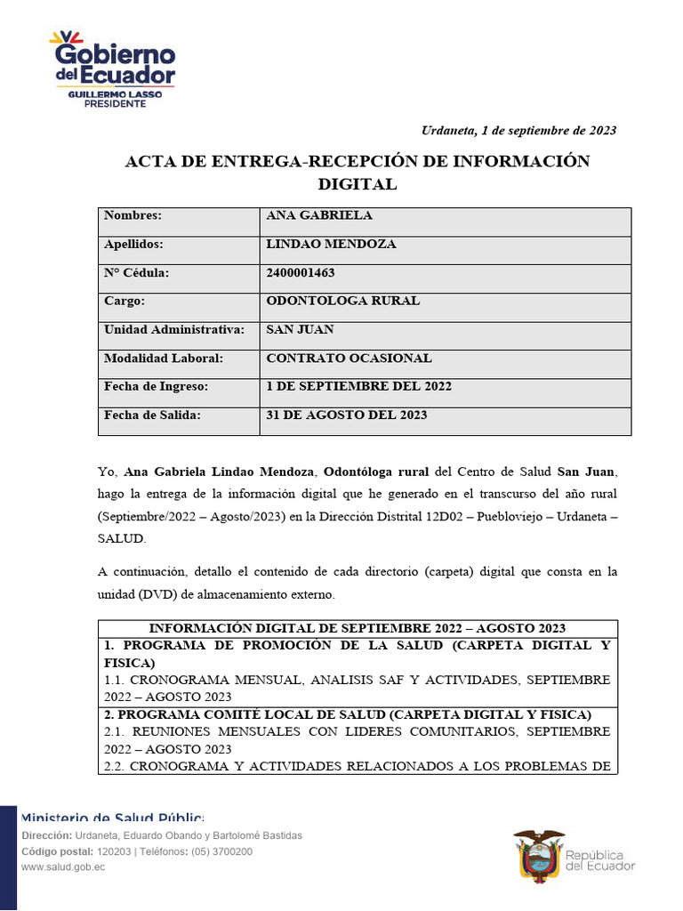 Acta de Entrega Informacion Digital - Ana Lindao | PDF