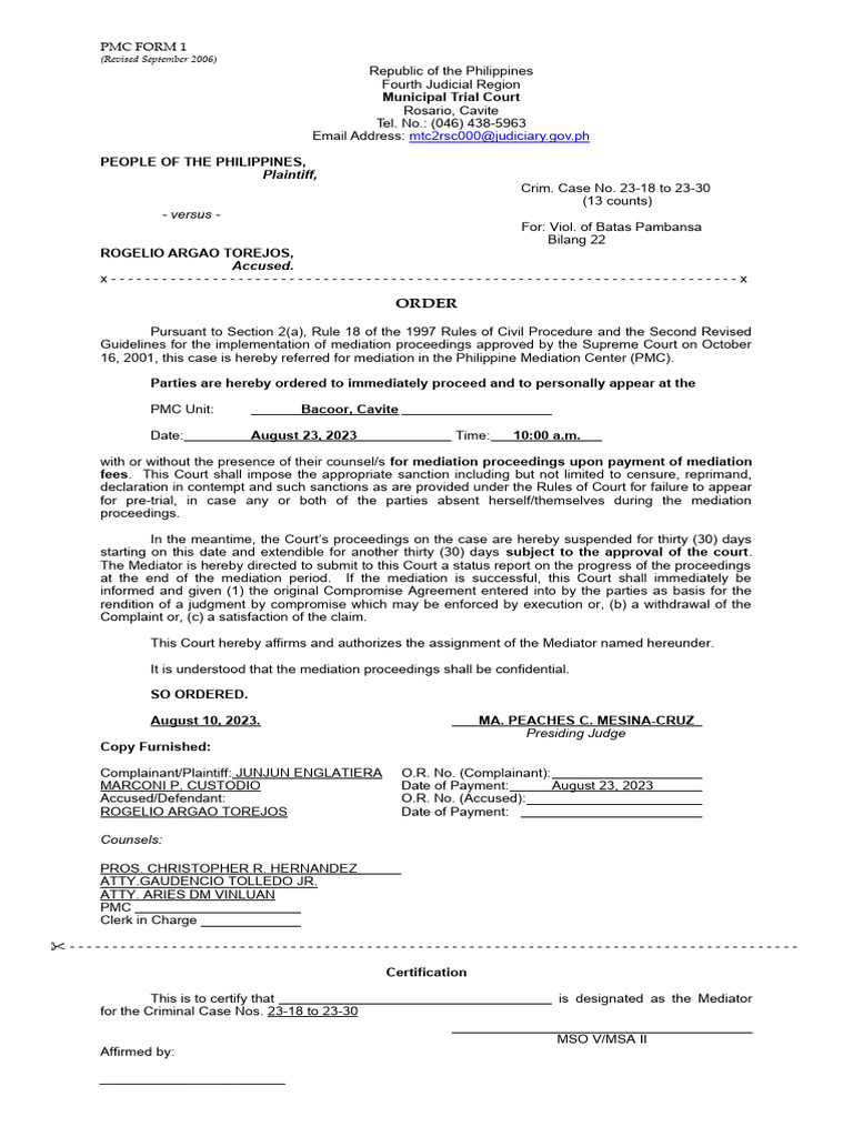 Mediation Order for Crim. Case 23-18 | PDF | Law