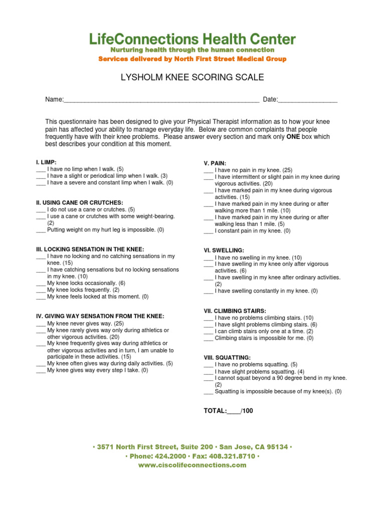 Lysholm Knee Scoring Scale | PDF | Knee | Pain