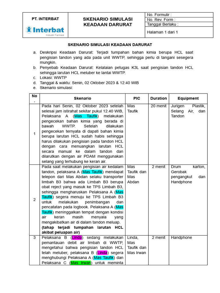 Skenario Simulasi Keadaan Darurat - Tumpahan Bahan Kimia | PDF