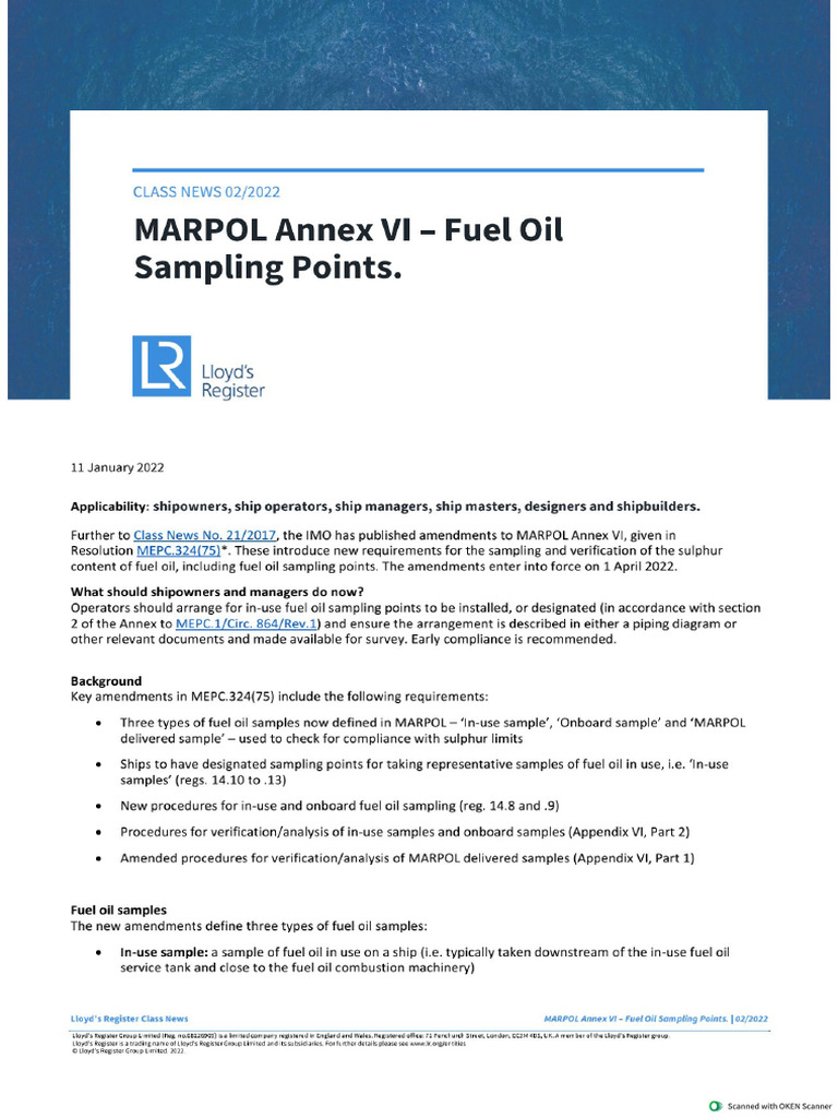 MARPOL Annex VI - Fuel Oil Sampling Points - LR | PDF