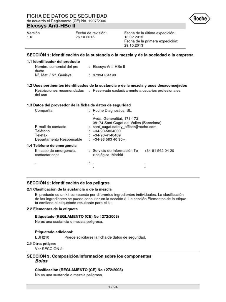 Ficha Seguridad Elecsys Anti-HBc II | PDF