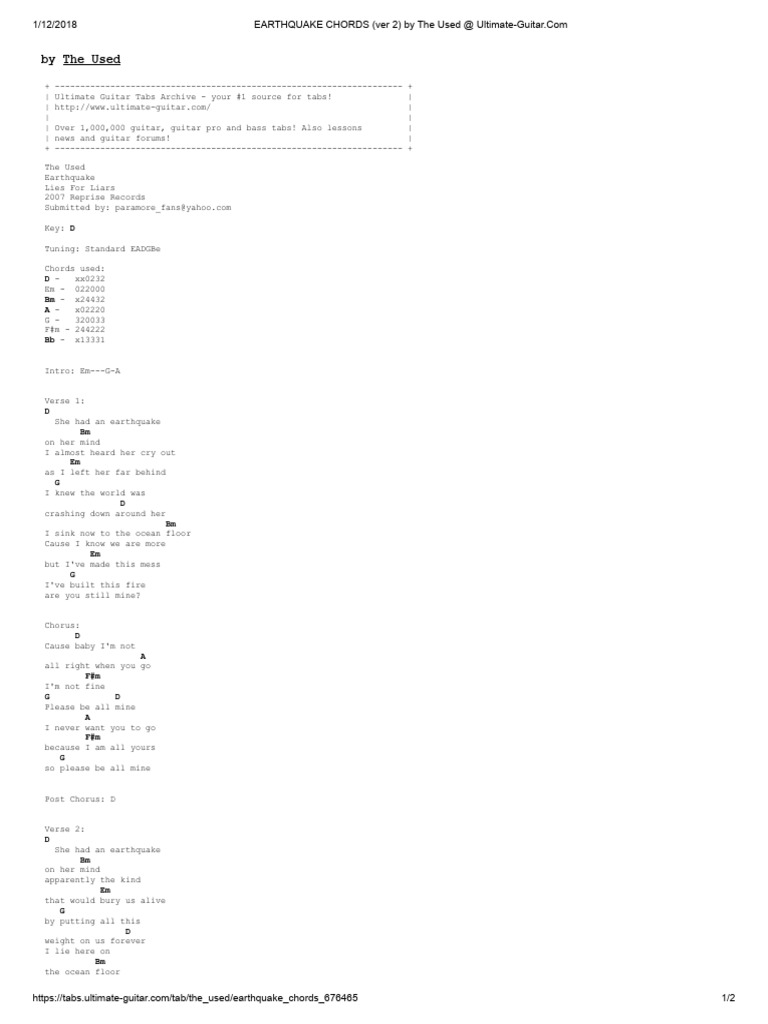 EARTHQUAKE CHORDS (Ver 2) by The Used at Ultimate-Guitar | PDF | Song Structure | Songs