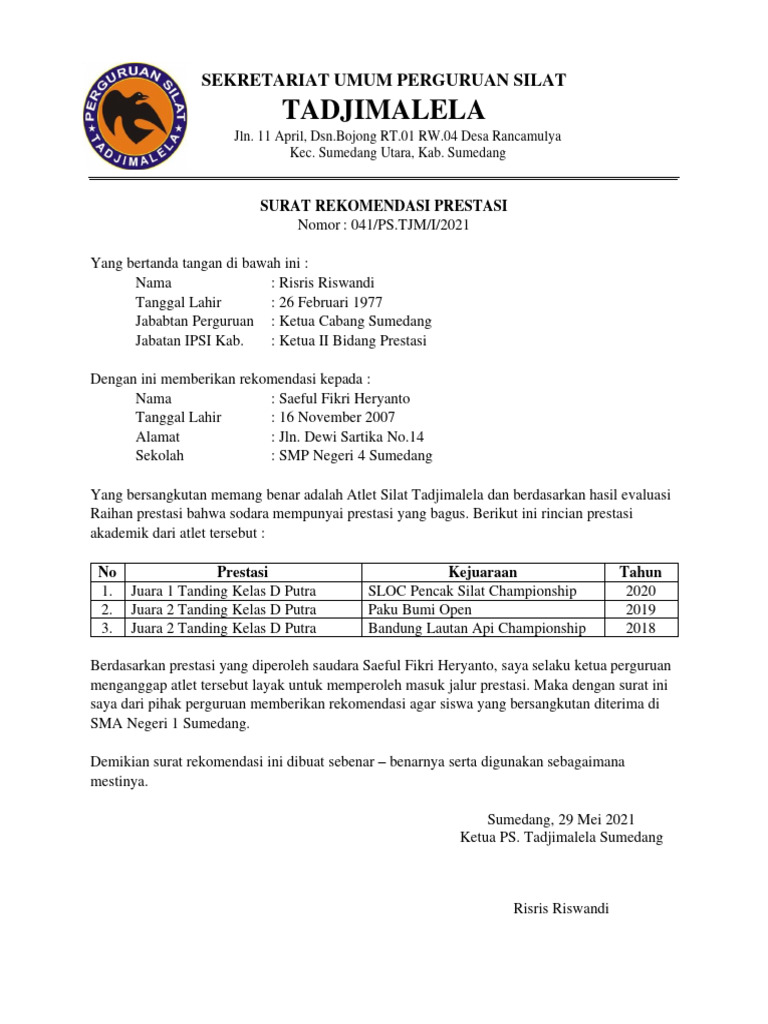 Surat Rekomendasi Prestasi Atlet Silat | PDF