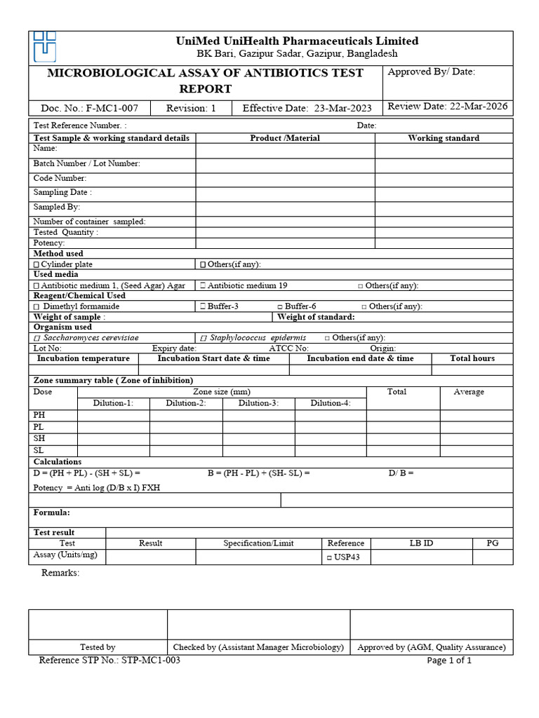 F-MC1-007 (Rev1) (MICROBIOLOGICAL ASSAY OF ANTIBIOTICS TEST REPORT) | PDF