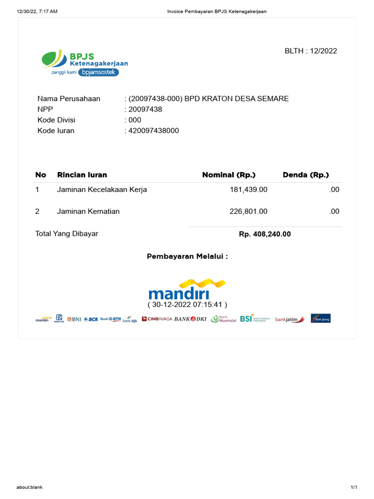 Invoice Pembayaran BPJS-TK BPD Semare 2022 Smt2 - Lunas | PDF