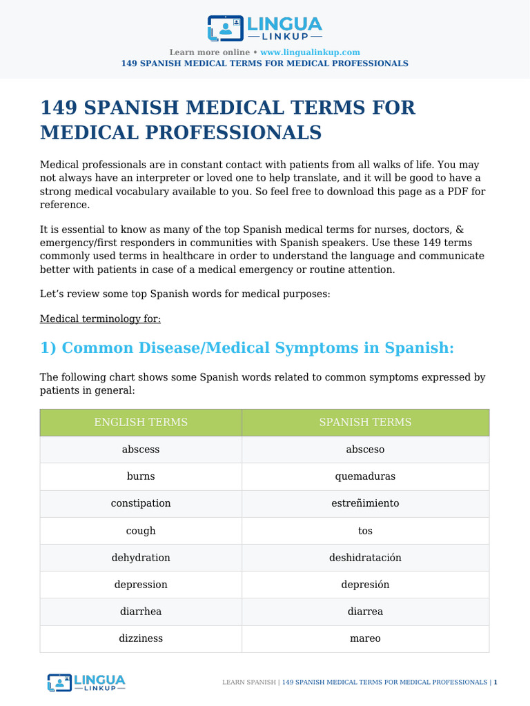 Spanish Medical Vocabulary Guide | PDF
